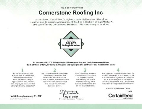 CertainTeed's Highest Credential Level - Cornerstone Roofing, Inc.